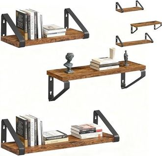 Relaxdays Wandregal, 6er Set, 3 Gr&ouml;&szlig;en: 30, 35, 40 cm Breite, Holzoptik & Metall, Wandbretter f&uuml;r B&uuml;cher & Deko, braun