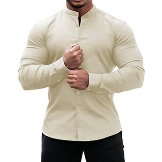 Generic Chemise &agrave; manches longues pour homme, col rond boutonn&eacute;, manches longues, tendance, chemise classique, d&eacute;contract&eacute;e, couleur unie, chemise douce et co