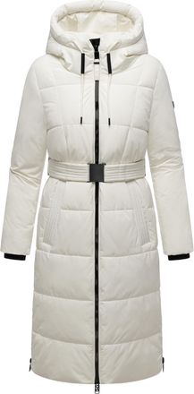 Navahoo Damen Langer Wintermantel warmer Steppmantel mit Kapuze und Taillengürtel Herbstnebel 14 Off White Gr. XXL