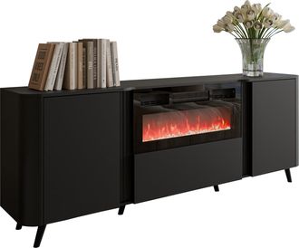 Mirjan24 Kommode Volkiro 200 EF mit Elektrischem Kamin mit Heizung, Realistische LED-Flamme, 3 T&uuml;ren, Mehrzweckschrank, Highboard, Anrichte (Schwarz)