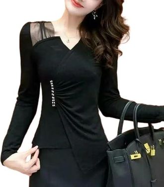 Generic NYSBH Chemise dautomne irr&eacute;guli&egrave;re pour femme Coupe ajust&eacute;e Col en V Manches longues &Eacute;pissure en maille, Noir, XXL