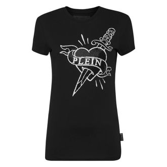 Philipp Plein Femme, Tops, Noir, Taille: 38 FR T-Shirt Pure Col Rond SS Strass Love