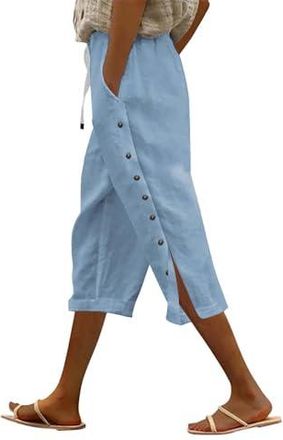 Generic IQYU Pantalon d&eacute;t&eacute; l&eacute;ger 3/4 pour femme - Pantalon sarouel - Pantalon d&eacute;t&eacute; l&eacute;ger - Avec fente - Pantalon d&eacute;t&eacute; ample - Pantalon d&eacute;t&eacute; l&eacute;ger - Taille hau