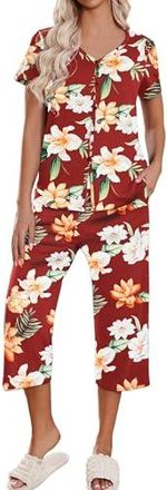 Ekouaer Ensemble de Pyjama Deux Pi&egrave;ces pour Femme - V&ecirc;tements de Nuit Doux - Costume de Loisirs - Haut Et Bas de Pyjama - Fleurs Rouges Et Blanches - S