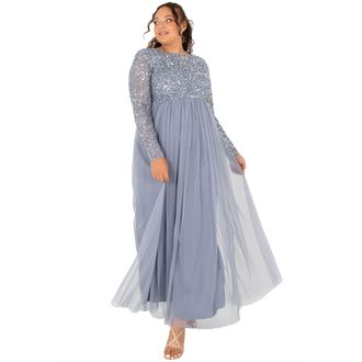 Maya Damen Womens Wedding Guest Plus Size Large Rich High Waist Sequins Long Sleeve Prom Evening Formal Dress, Dusty Blue, 50 EU