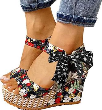 Onsoyours Sandales à Talons Hauts Femme Plateforme Été Sandales À Fleurs Compensées Bout Ouvert Rome Chaussures pour Plage Vacances A Noir 39 EU