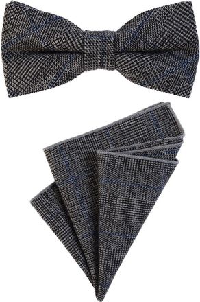 DonDon Herren Fliege 12 x 6 cm mit farblich passendem Einstecktuch 23 x 23 cm beides aus Baumwolle im Tweed Look blau-schwarz-grau kariert