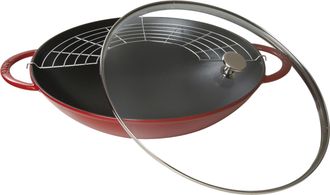 Staub Gusseisen Wok, Ø 37 cm, Inkl. Glasdeckel und herausnehmbaren Gittereinsatz, für alle Herdarten inkl. Induktion, 5,7 L, Kirschrot