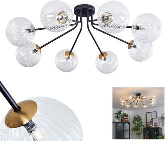 HOFSTEIN Deckenleuchte Chehalis, Deckenlampe aus Metall/Riffelglas in Schwarz/Gold/Klar, Leuchte im modernen Retro/Vintage-Design mit Schirmen aus Glas (&Oslash; 15 c