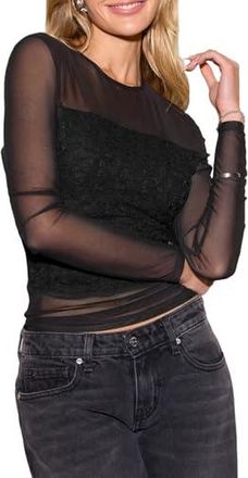 Cupshe Haut &agrave; manches longues en maille transparente contrast&eacute;e pour femme, Noir, S