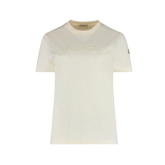 Moncler Femme, Tops, Beige, Taille: 40 FR T-shirt en coton avec logo ton sur ton brod&eacute;