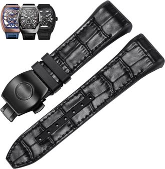 Generic LXGGUC 28 mm Nylon-Echtleder-Silikon-Uhrenarmband, schwarz, blau, Faltschließe für Uhrenarmbänder der Franck Muller V45-Serie