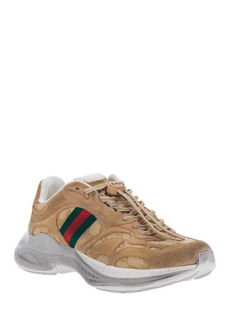 Gucci Logo-Striped Calf Leather Sneaker - Beige