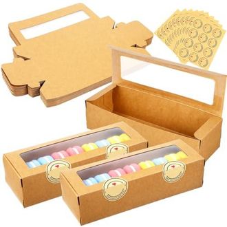 BESTONZON 50Pcs Kraft Macaron Boîtes avec Fenêtre Daffichage Macaron Conteneur Boulangerie Boîte avec Autocollants pour Truffes Desserts Mini Cupcake Muffins