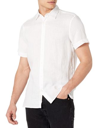 Perry Ellis Herren Kurz&auml;rmeliges Knopfleiste aus 100% Leinen Button Down Hemd, Bright White, X-Gro&szlig;