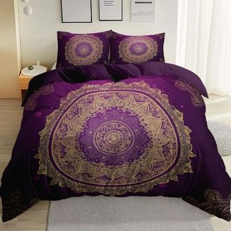 Generic R&ecirc;ve Motif Mandala Lignes Housse de Couette &agrave; Motif imprim&eacute;, Violet fonc&eacute; Parure de lit en Microfibre Douce, avec Fermeture &eacute;clair, 140 x 200 cm 2 tai