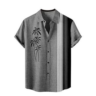 Generic Chemise boutonn&eacute;e pour homme, grande et haute, chemise d&eacute;t&eacute; imprim&eacute;e palmier, chemise de plage ray&eacute;e verticale, chemises hawa&iuml;ennes &agrave; revers hauts d&eacute;c