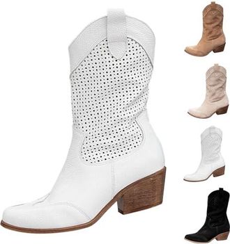 Generic Bottes de cowboy en daim pour femme - Bottes de cowgirl mi-mollet avec fermeture &eacute;clair lat&eacute;rale - Bout pointu - Talon &eacute;pais - Chaussures vintage anti