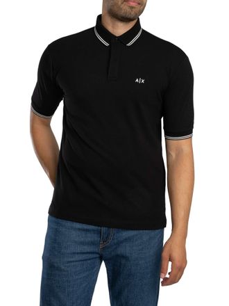 A|X Armani Exchange Mens Essential, Double Striped Sleeve and Collar Side Monogram Logo Polo Shirt, Black, XXL