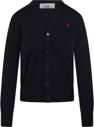 Ami Femme, Pulls, Noir, Taille: 40 FR Cardigan Merino col en V en Noir/Rouge