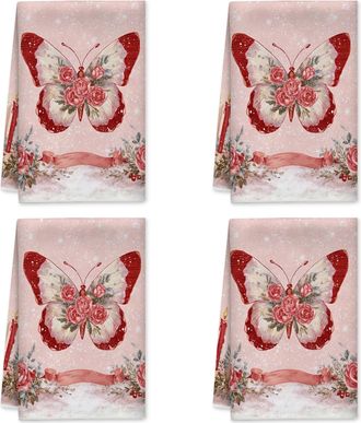 Generic Schmetterlingsk&uuml;chent&uuml;cher, Vintage, romantische Rosen, Blumenmuster, Fr&uuml;hling, Pfirsich, Mikrofaser, K&uuml;chenzubeh&ouml;r, Kaffeebar, Dekoration, 40,6 x 61 