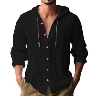 Generic Chemise en lin pour homme - Chemise longue en lin pour homme - Col en V blanc - Polo de plage en coton blanc pour la plage - Coupe r&eacute;guli&egrave;re - Chemise