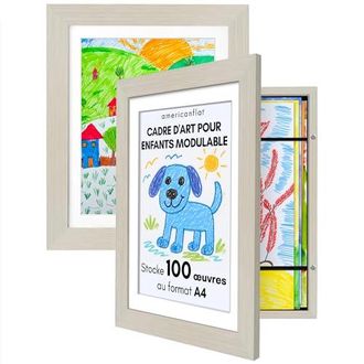 Americanflat Cadre Dessin Enfant &agrave; Changer A4 Bois Clair avec Passe-Partout et 25,5 x 32 cm sans Passe-Partout - Cadres avec Ouverture Frontale Pouvant Contenir 10
