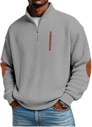 Generic Sweatshirts pour hommes à manches longues rayures chemises quart de fermeture éclair lâche pull tops sweatshirts texturés, gris, 3XL