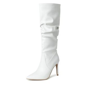 Generic Bottes montantes &agrave; bout pointu et &agrave; talon aiguille pour femme - Chaussures dhiver &agrave; enfiler - Veau large, blanc, 37.5 EU