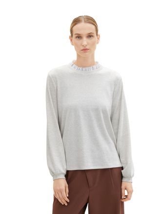 Tom Tailor Damen Sweatshirt mit Rüschen-Detail, whisper white melange, XXS
