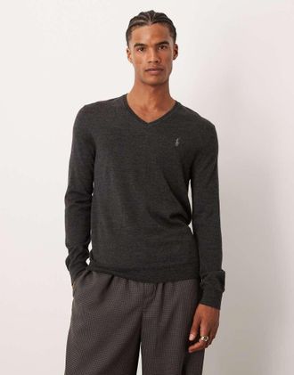 Polo Ralph Lauren Pull en laine m&eacute;rinos avec col V et logo embl&eacute;matique - Anthracite chin&eacute;-Gris