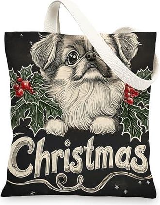 Generic Sac fourre-tout en toile motif chien p&eacute;kinois de No&euml;l 33 x 38,1 cm, sac d&eacute;picerie r&eacute;utilisable pour femme, peinture danimaux domestiques, d&eacute;coration c