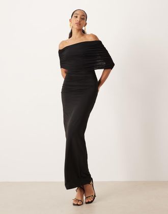 SNDYS Robe longue en tulle et encolure Bardot et taille fronc&eacute;e - Noir-Rouge