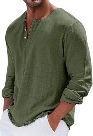 Generic Henley Chemise &agrave; manches longues en lin pour homme Polo &agrave; manches longues T-shirt d&eacute;t&eacute; boutonn&eacute; T-shirt de plage l&eacute;ger Ourlet ray&eacute; Manches longues Res