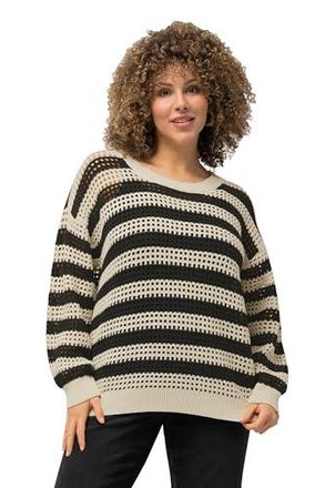 Ulla Popken Femme Grandes Tailles Pull en Maille Crochet Oversized &agrave; Rayures, col Rond et Manches Longues Vanille 46+ 828998150-46+