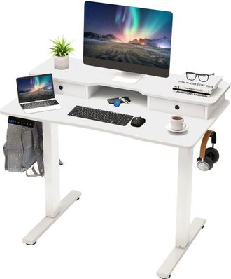 Costway Costway - Bureau Assis-Debout Electrique 100x60 cm, avec 2 Tiroirs, R&eacute;glable en Hauteur, Support dEcran, 2 Crochets de Suspension, Blanc