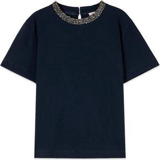 Oltre Femme, Tops, Bleu, Taille: 38 FR T-shirt en coton avec encolure bijou