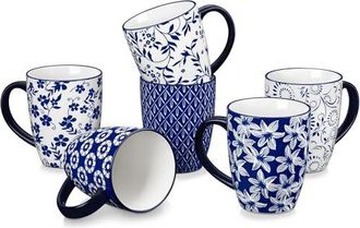 VANCASSO SELENE Tasses &agrave; Caf&eacute; Espresso et Mugs en Porcelaine &agrave; anses - 6 x 480 ml - Style Chinois Bleu et Blanc - Mug pour Th&eacute;, Caf&eacute;, Cappuccino - R&eacute;sistants a