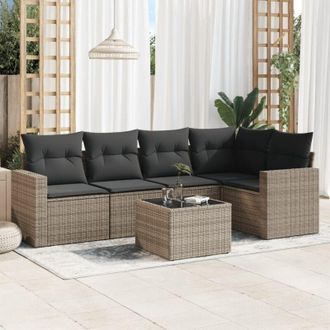 vidaXL Vidaxl - Salon de jardin 6 pcs - R&eacute;sine tress&eacute;e gris - Coussins avec housses amovibles - Table en verre tremp&eacute; - Capacit&eacute; 110 kg par si&egrave;ge