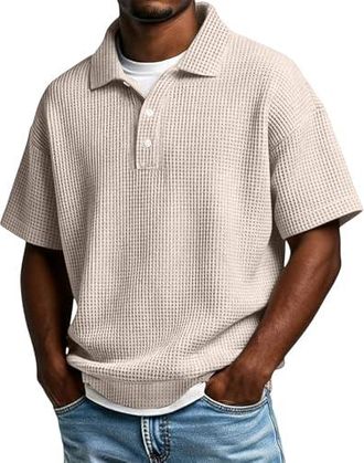 Generic Polo basique classique solide pour homme, v&ecirc;tement de travail d&eacute;contract&eacute;, chemise boutonn&eacute;e, haut l&eacute;ger et respirant, t-shirts dext&eacute;rieur, kaki, XXL