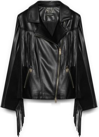 Fiorella Rubino Femme, Vestes, Noir, Taille: 48 FR Blouson motard avec maxi franges