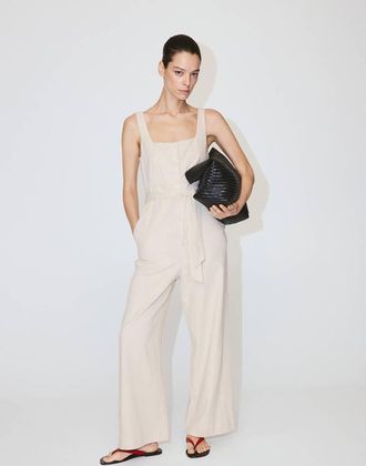 Mango Leinen-Jumpsuit mit Kn&ouml;pfen sandfarben - Damen - XS - MANGO