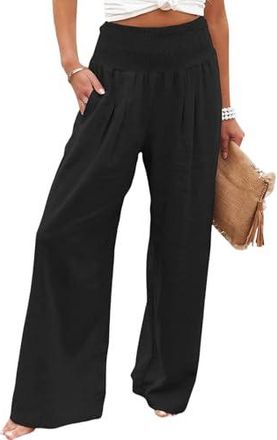 Generic Pantalon pliss&eacute; taille haute pour femme, coupe large, style boh&egrave;me, d&eacute;contract&eacute;, plage, voyage, pantalon droit avec poches, Noir, 3XL