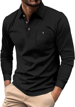 Generic Polo pour homme de grande taille, manches longues, chemise gaufr&eacute;e &agrave; revers de couleur unie, demi-boutons, l&eacute;g&egrave;rement ajust&eacute;e, chemises d&eacute;contract&eacute;es,