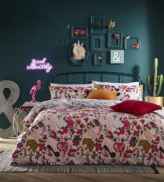 furn. Inked Duvet Cover Set - Tattoo Inspired Cartoon Print with Reversible Design Polycotton Bedding (Pink Blush - Super King)