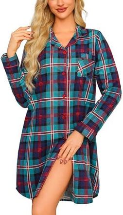 Mia Lucce Chemise de nuit pour femme avec flanelle, chemise de nuit avec boutonni&egrave;re et plaid, chemise de nuit longue pour femme, vert, bleu, rouge, XXL