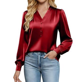 Generic Chemisier en soie pour femme &eacute;l&eacute;gant &agrave; manches bouffantes pliss&eacute;es et col en V en satin &eacute;l&eacute;gant et ajust&eacute; au toucher soyeux pour printemps &eacute;t&eacute; sorties