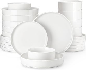 Malacasa Geschirrset 6 Personen - 24-tlg. Tafelservice mit Stehrand aus Porzellan inkl. 6x Essteller, Dessertteller, Suppenteller, Suppenschüssel, LEAH Modern 