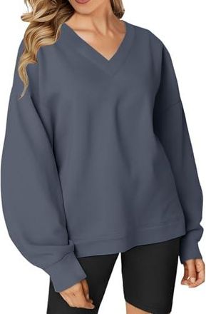 Generic Sweat-shirt uni confortable et léger à col en V surdimensionné pour femme - Pull décontracté en polaire - Pull mignon à manches longues pour adolescen