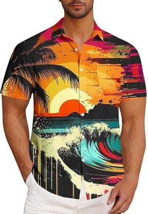 Generic Chemise hawaïenne à manches courtes boutonnée pour homme - Haut dété tropical - Imprimé coucher de soleil - T-shirt de plage avec poche, Chemise hawaï